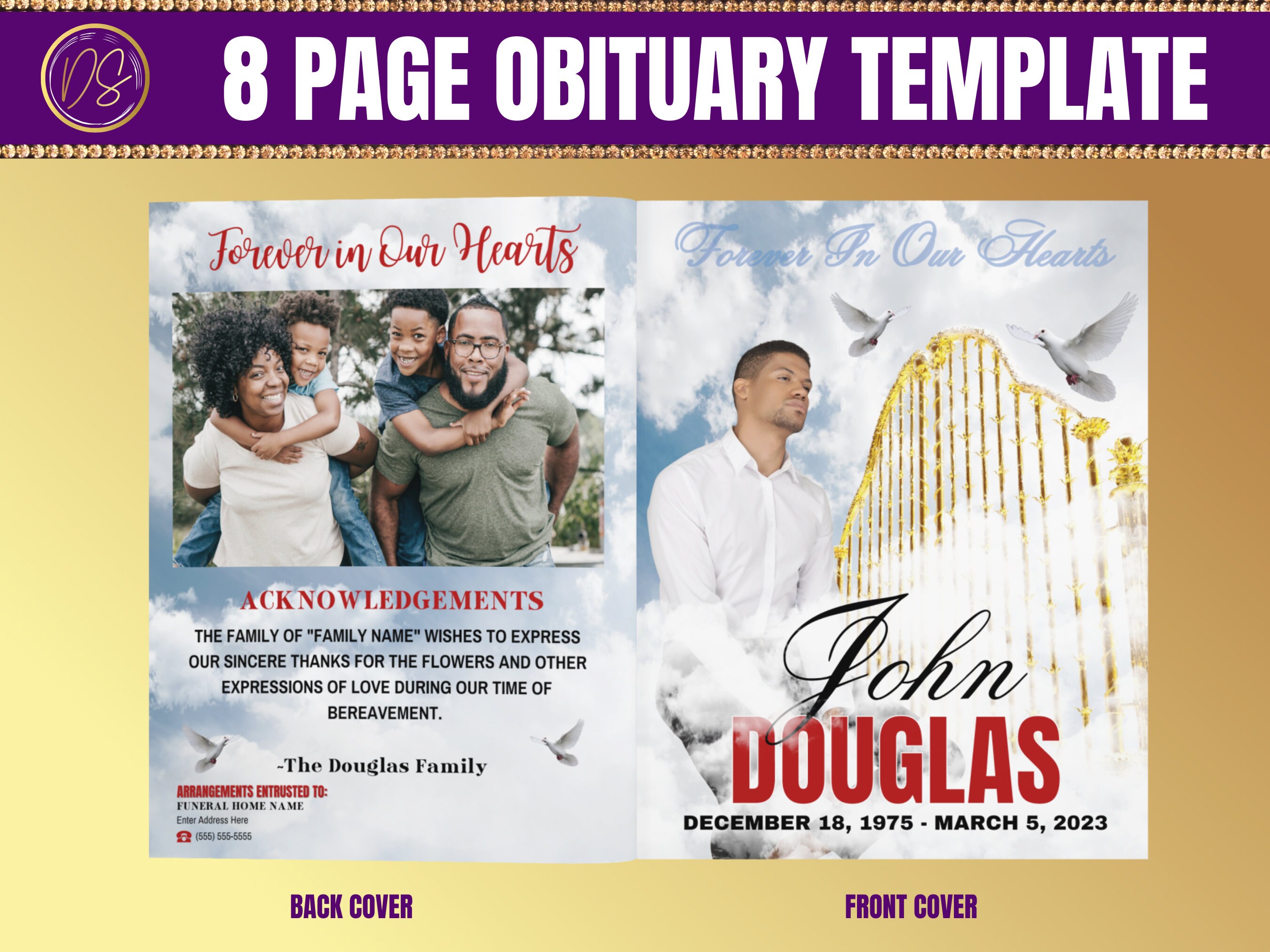 Blue Obituary Funeral Template (17 × 11 In) Booklet, Bi-fold to (8.5 X ...