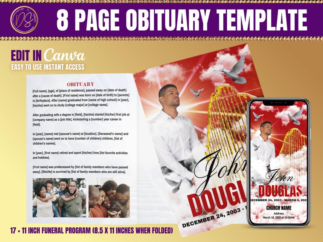 Red Obituary Funeral Booklet Template (17x11 In) + Memorial Evite - Etsy