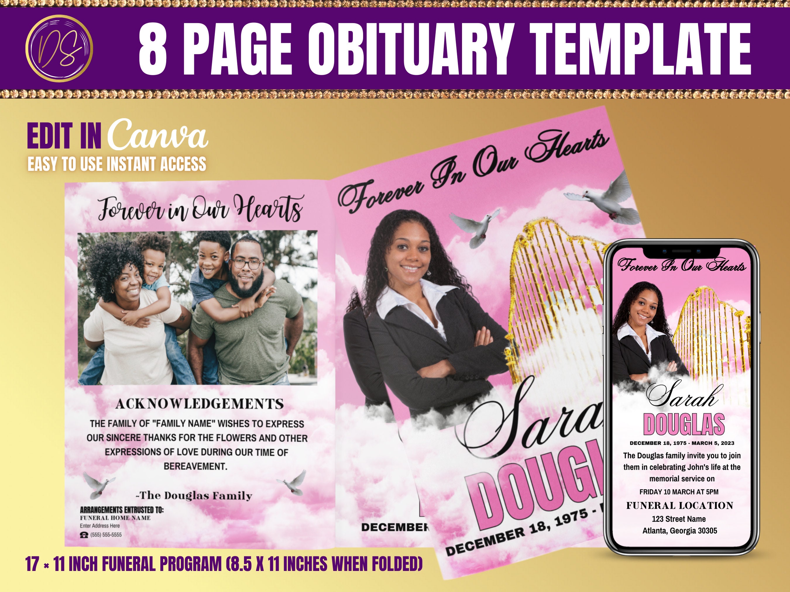 Pink Sky Funeral Program Template: Obituary Booklet (digital Download ...
