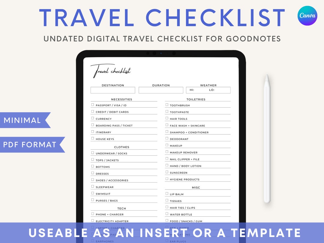 Travel Checklist Goodnotes Template Undated Travel Checklist Digital ...