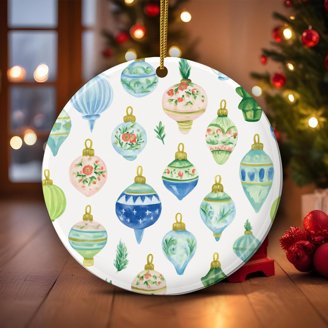 Festive Watercolor Christmas Baubles Ceramic Ornament, Gold String ...