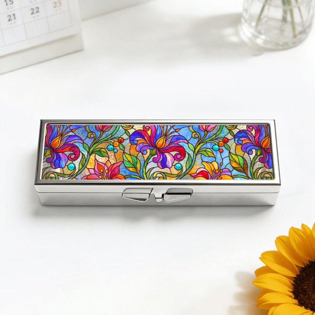Chic Stained Glass Pill Box Organizer, Elegant 7 Day Vitamin Case ...