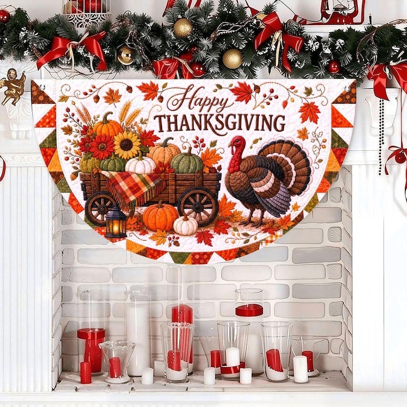 Happy Thanksgiving Half-round Outdoor-indoor Bunting Banner Flag, Faux ...