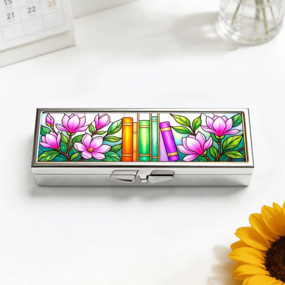 Elegant Faux Stained Glass Pill Box Organizer for Book Lovers ...