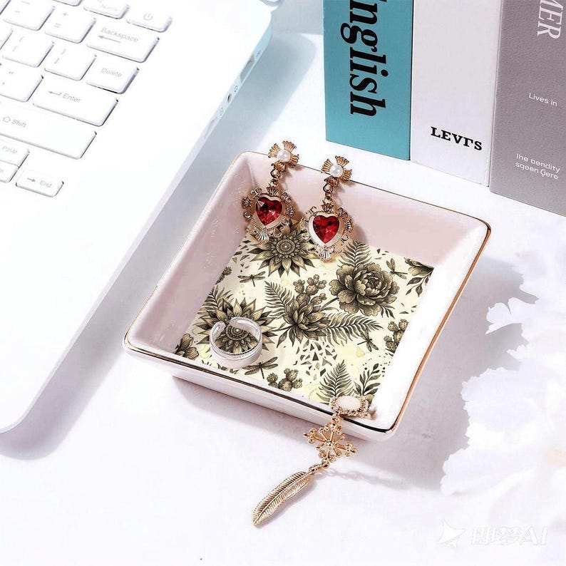 Elegant Gold Trim Jewelry Dish | Unique Botanical Trinket Ring Tray for ...