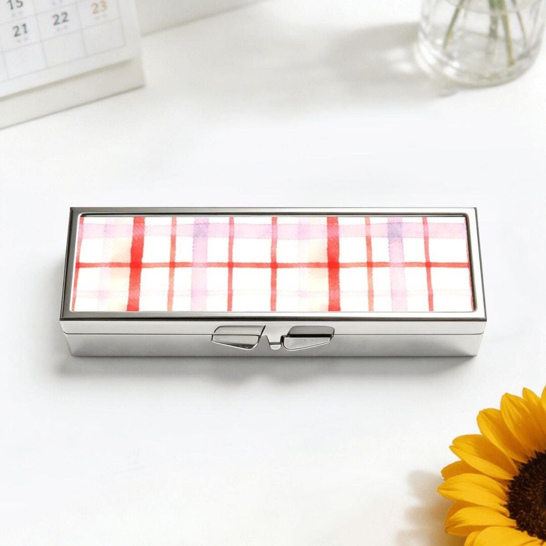 Chic and Elegant 7 Day Pill Box Organizer, Watercolor Plaid Vitamin Box ...