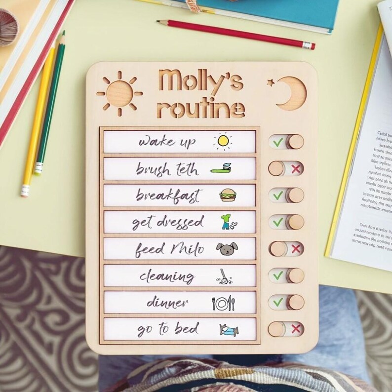 Personalized Wooden Kids Routine Chart: Montessori Visual Schedule ...