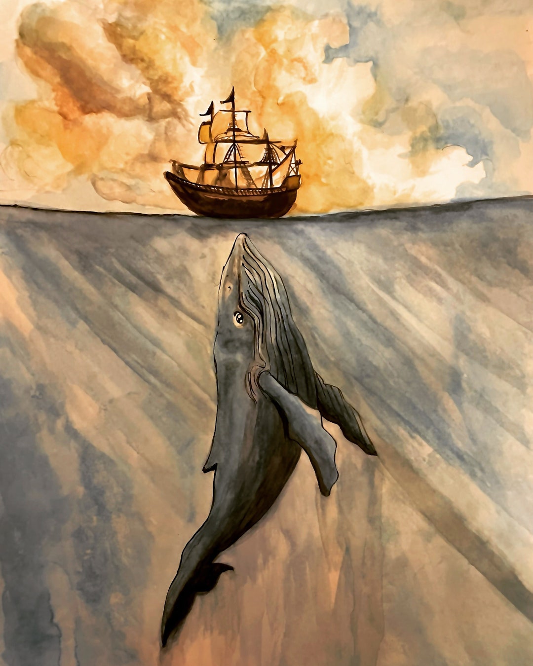 Whale Fairy Tale Art Print Watercolour 29.7 Cm X 21 Cm Kid Present ...