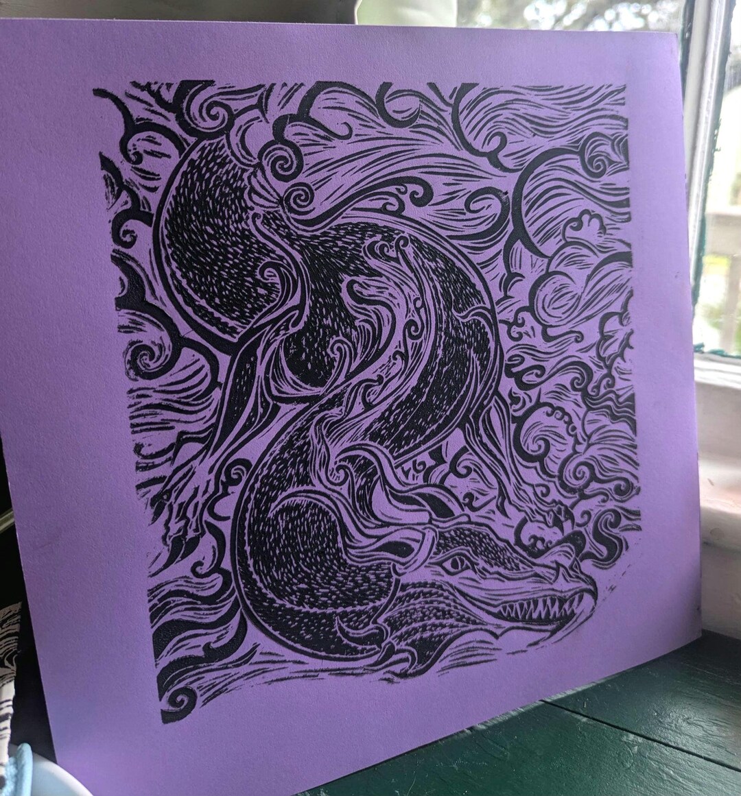 Dragon Linocut Print: Swirling Clouds, Purple Paper, Signed 12x12" Art ...