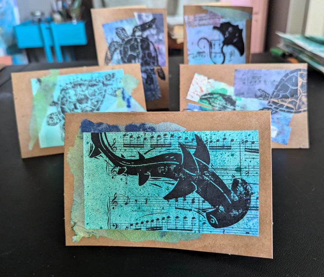 Ocean Animal Block Print Cards: Handmade Unique Note Cards, Set of 5 - Etsy