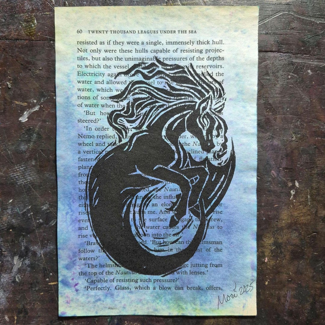 Mer-horse Print on 20000 Leagues Under the Sea Page Hand Printed ...