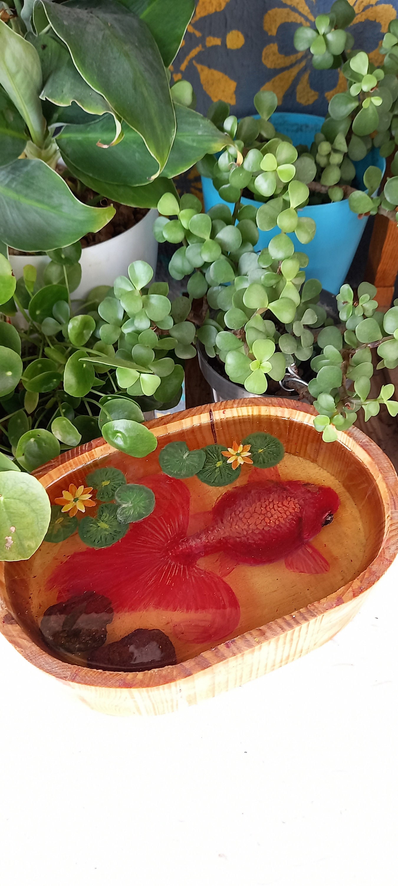 3D Epoxy Resin Goldfish Painting in Oval Wooden Bowl,, Resin Fish ...