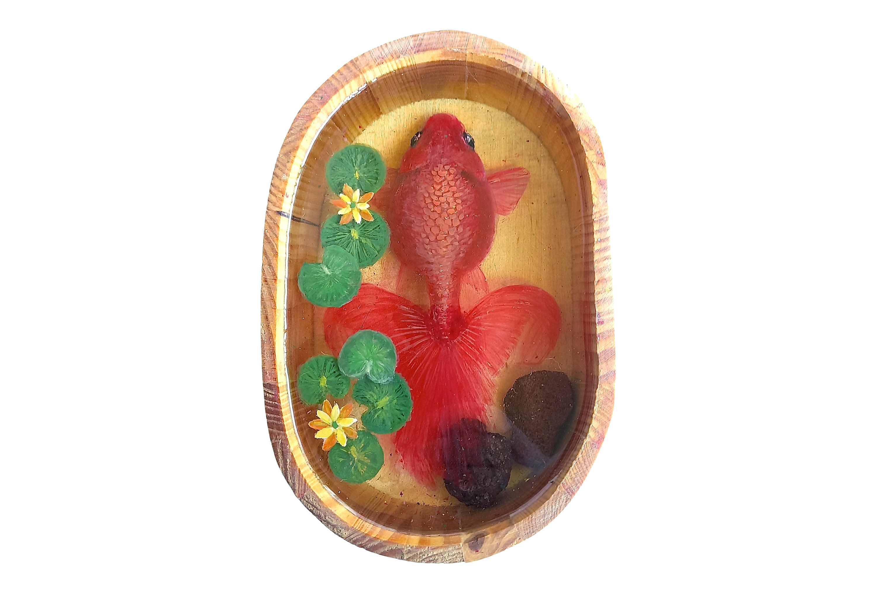 3D Epoxy Resin Goldfish Painting in Oval Wooden Bowl,, Resin Fish ...