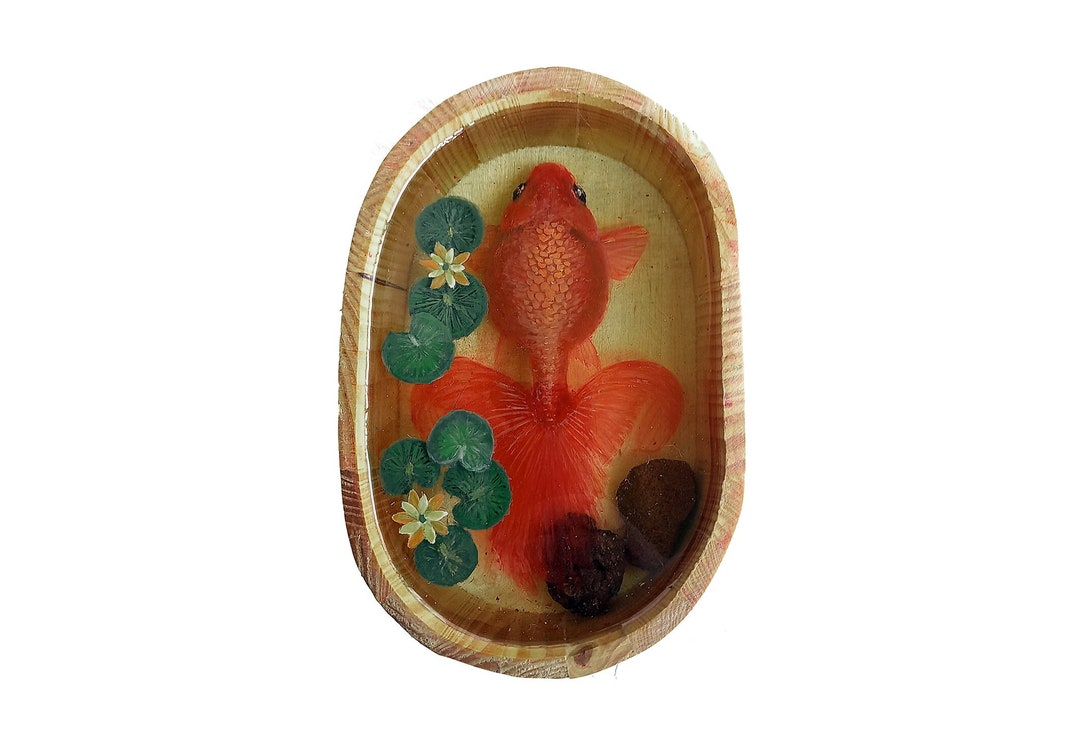 3D Epoxy Resin Goldfish Painting in Oval Wooden Bowl,, Resin Fish ...