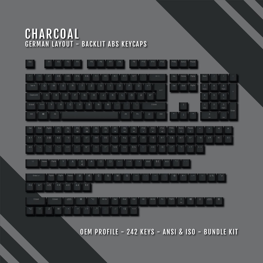 Charcoal Backlit German Keycaps - ISO-DE QWERTZ Layout - Windows & Mac ...
