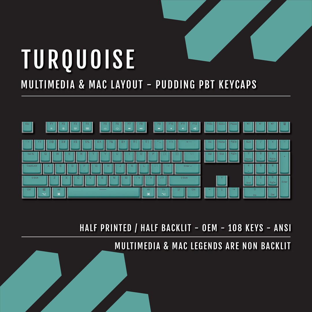 US Turquoise Pudding Mac and Multimedia Keycaps - 100% Size - Dual ...