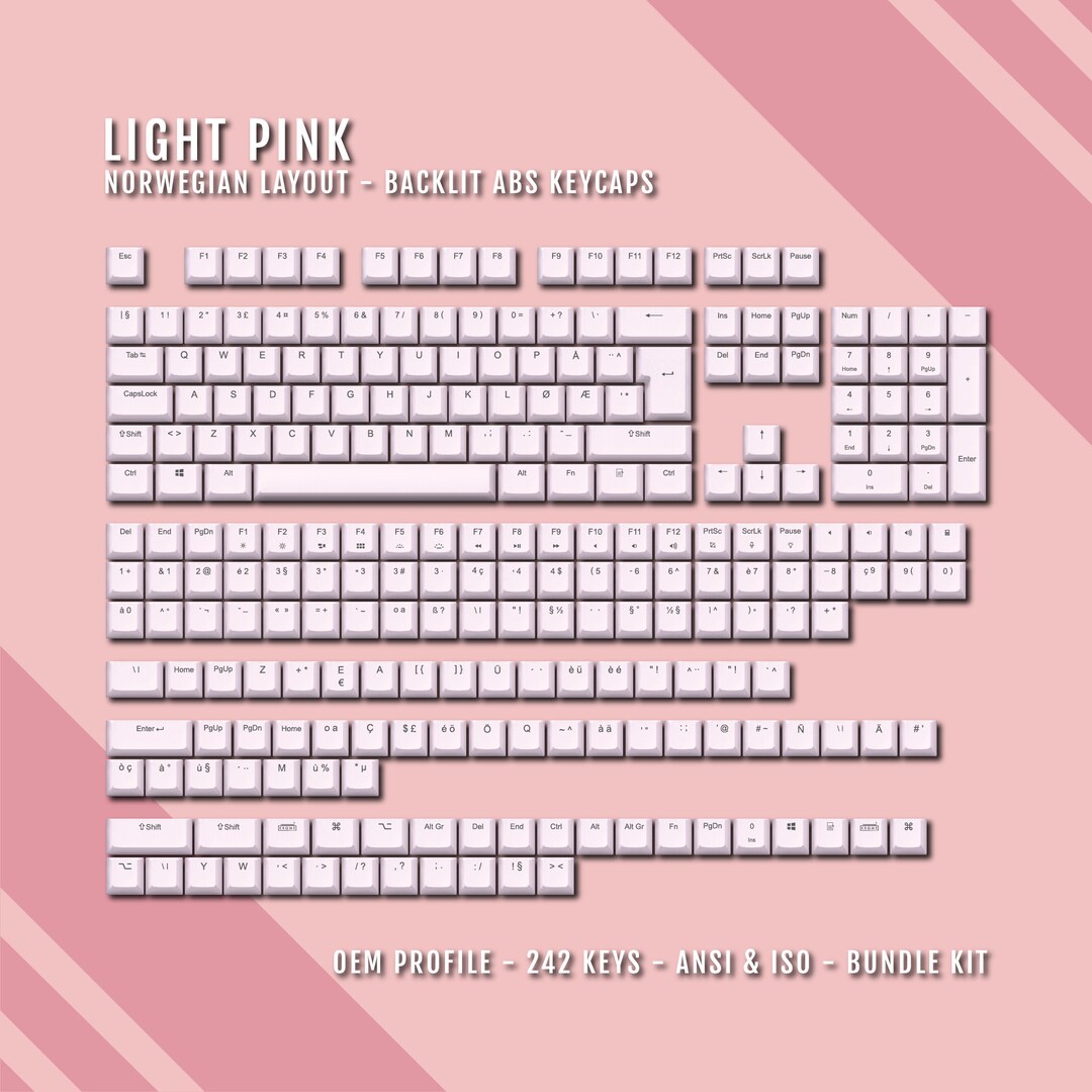 Light Pink Backlit Norwegian Keycaps - ISO-NO QWERTY Layout - Windows ...