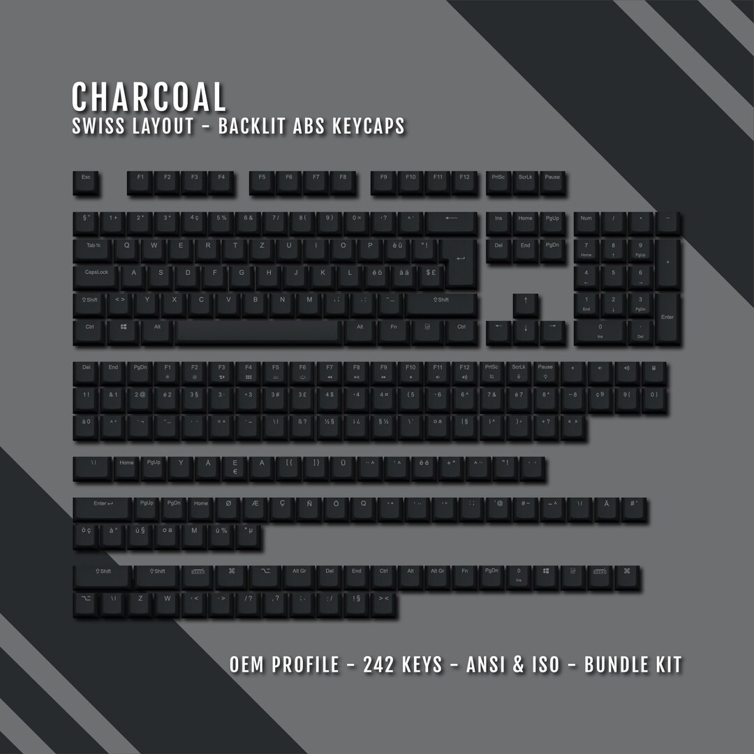 Charcoal Backlit Swiss Keycaps - ISO-CH QWERTZ Layout - Windows & Mac ...