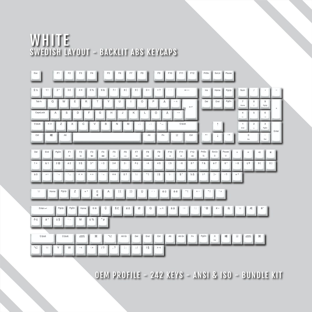 White Backlit Swedish Keycaps - ISO-SE QWERTY Layout - Windows & Mac ...