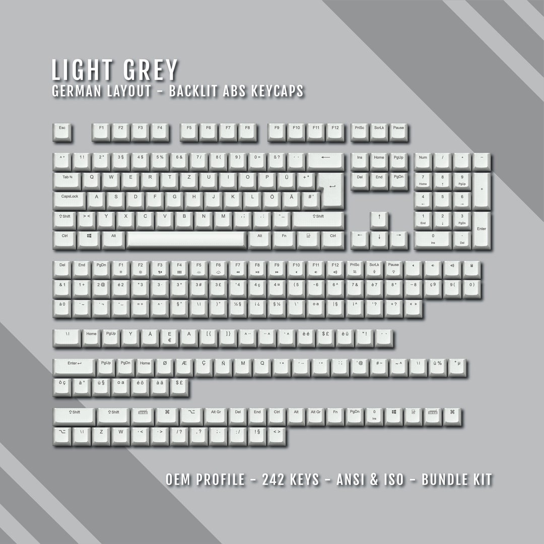 Light Grey Backlit German Keycaps - ISO-DE QWERTZ Layout - Windows ...