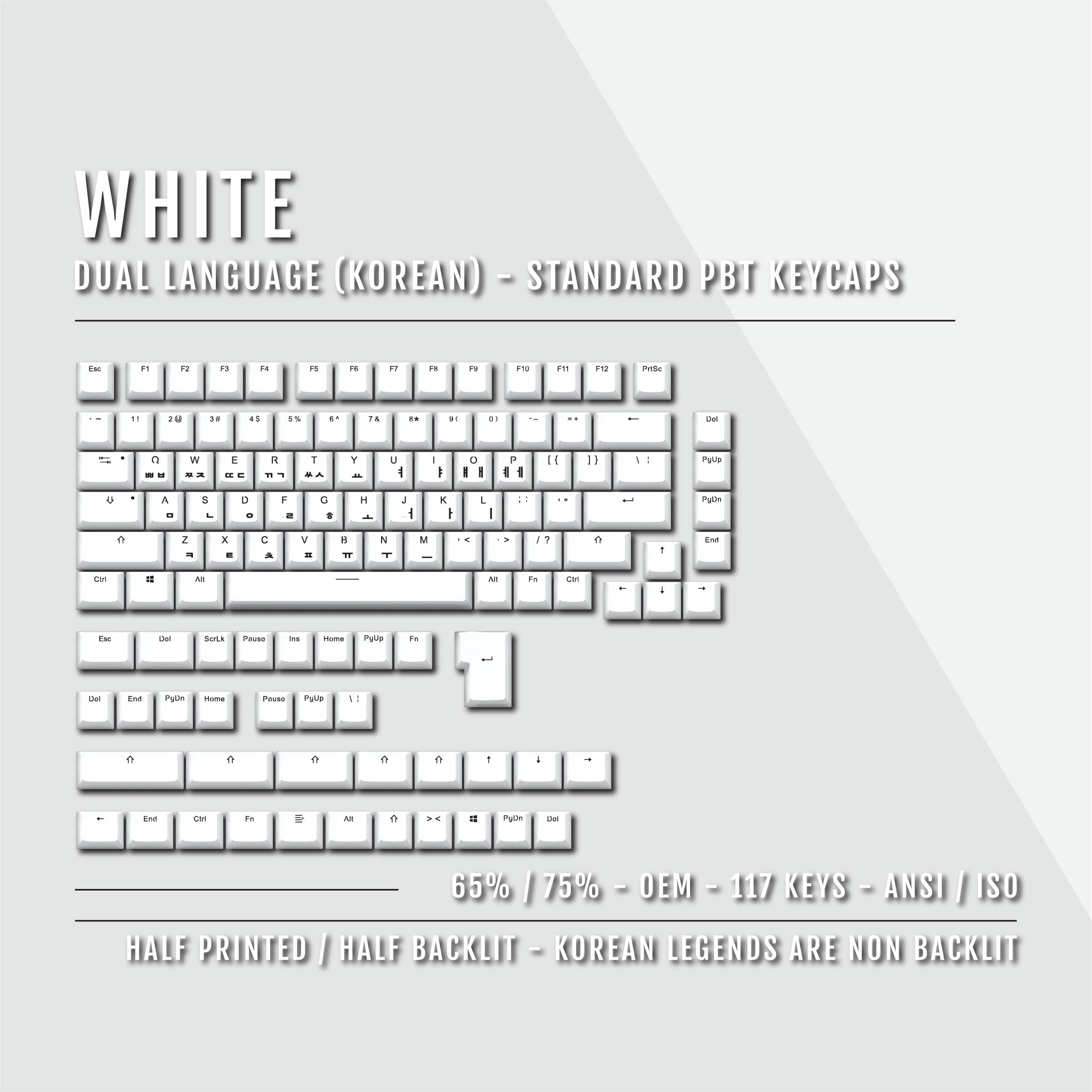 White Korean Hangul Keycaps: Dual Language Backlit PBT - 65/75% ANSI ...