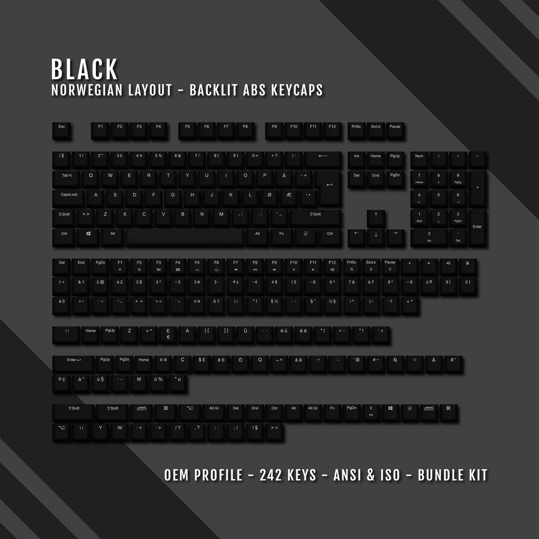Black Backlit Norwegian Keycaps - ISO-NO QWERTY Layout - Windows & Mac ...