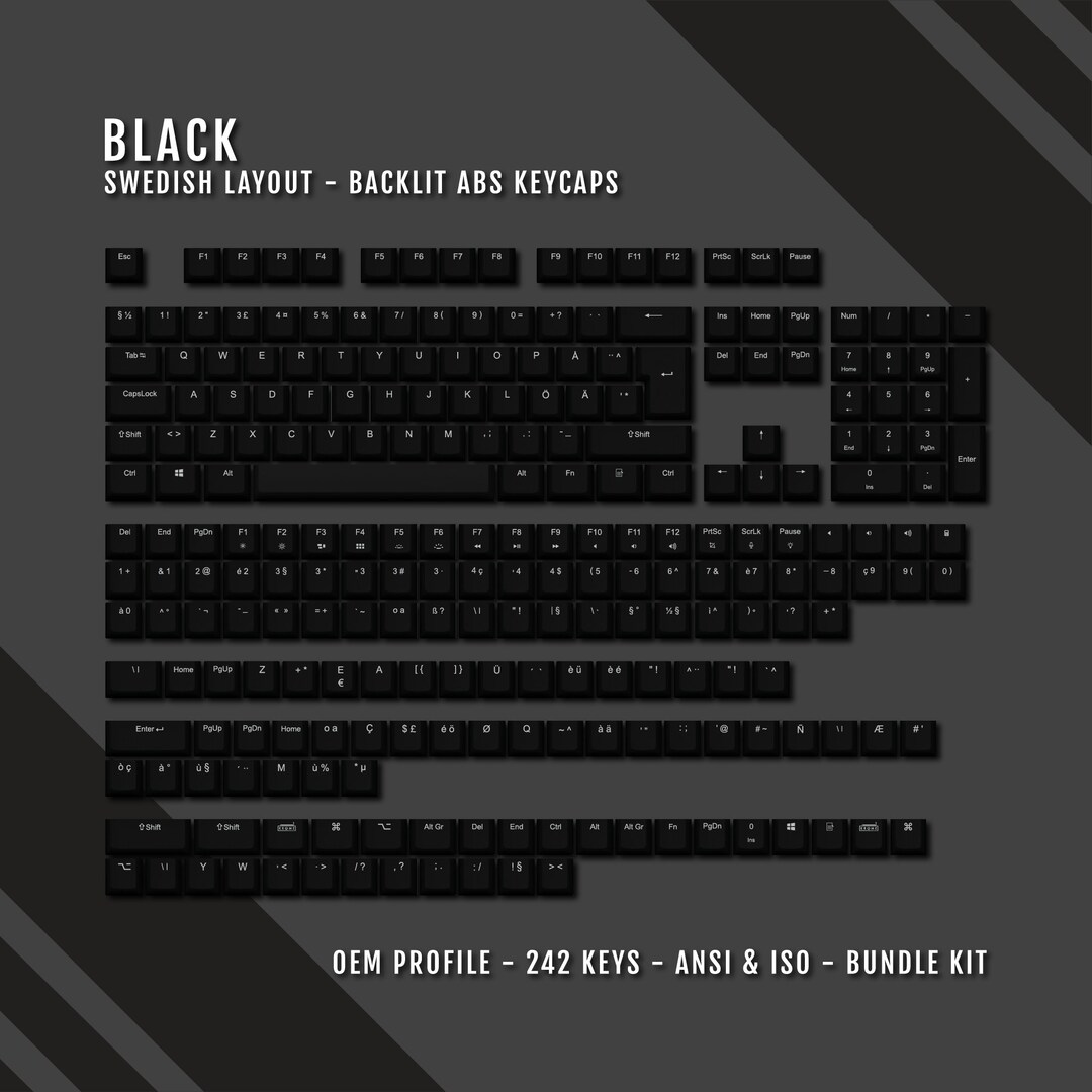 Black Backlit Swedish Keycaps - ISO-SE QWERTY Layout - Windows & Mac ...