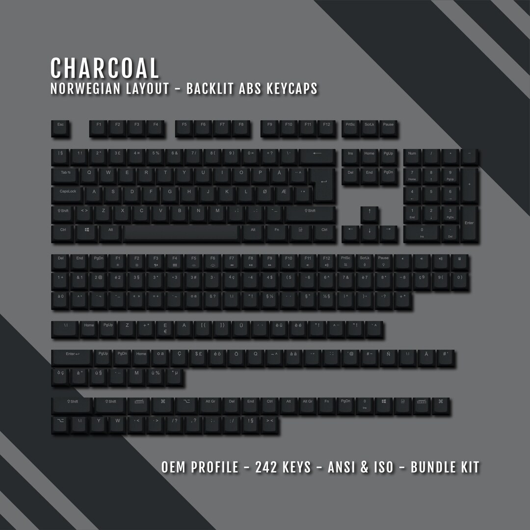 Charcoal Backlit Norwegian Keycaps - ISO-NO QWERTY Layout - Windows ...
