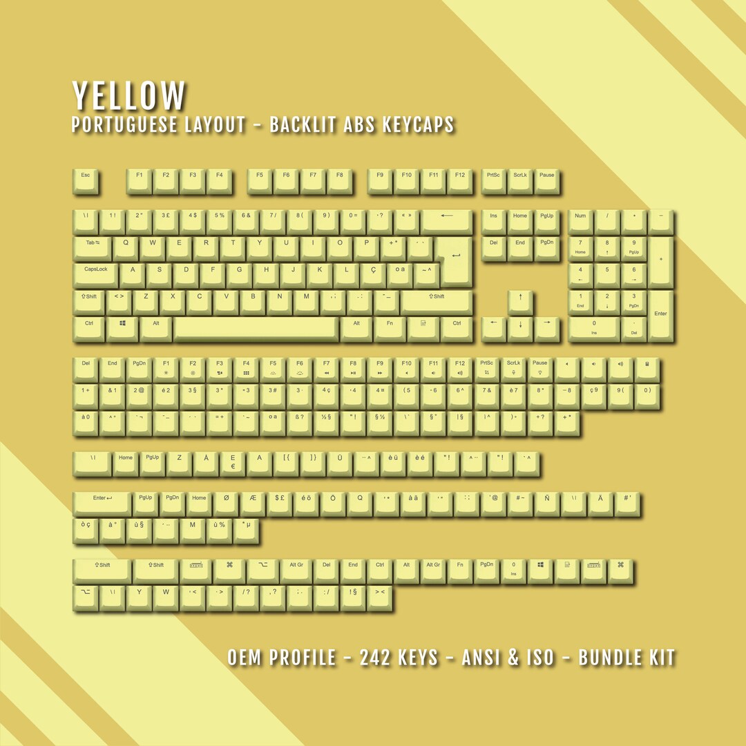 Yellow Backlit Portuguese Keycaps - ISO-PT QWERTY Layout - Windows ...
