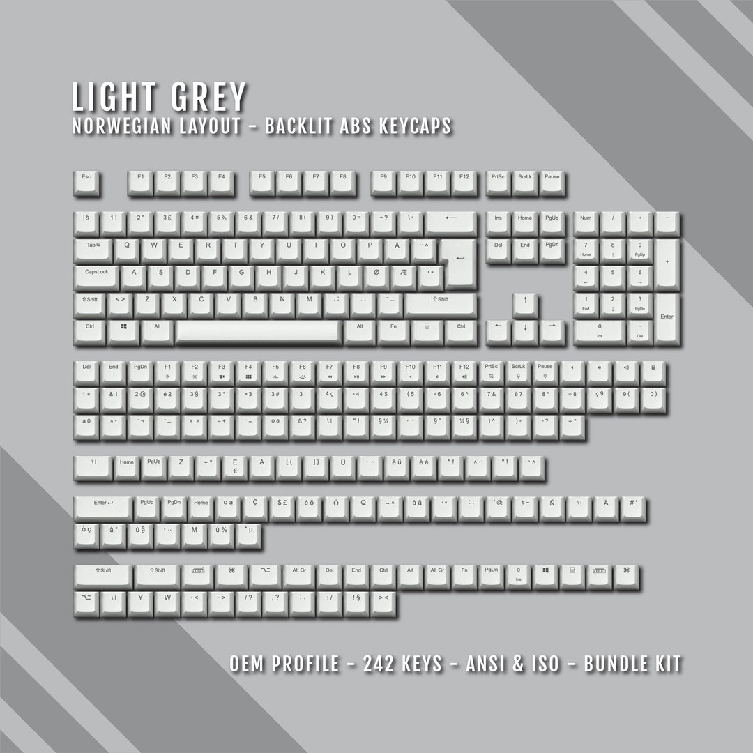 Light Grey Backlit Norwegian Keycaps - ISO-NO QWERTY Layout - Windows ...