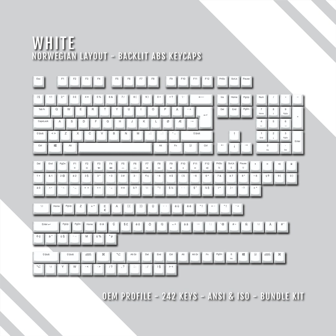 White Backlit Norwegian Keycaps - ISO-NO QWERTY Layout - Windows & Mac ...