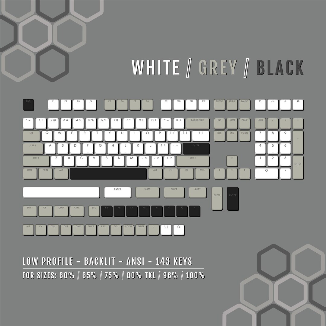 White/grey/black Low Profile PBT Keycaps - ANSI Backlit - Etsy