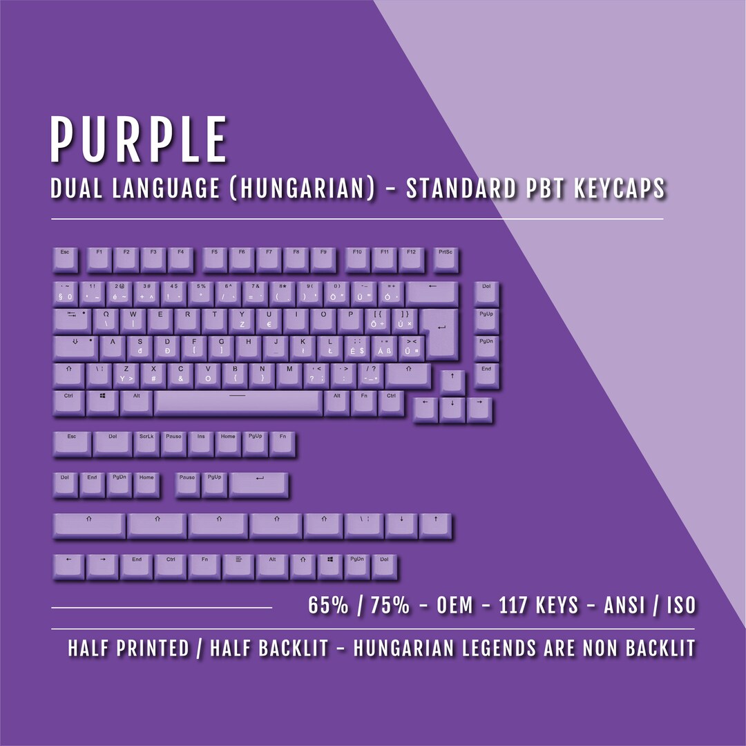 Purple Hungarian Keycaps: Dual Language Double Shot PBT - 65/75% ISO-HU ...