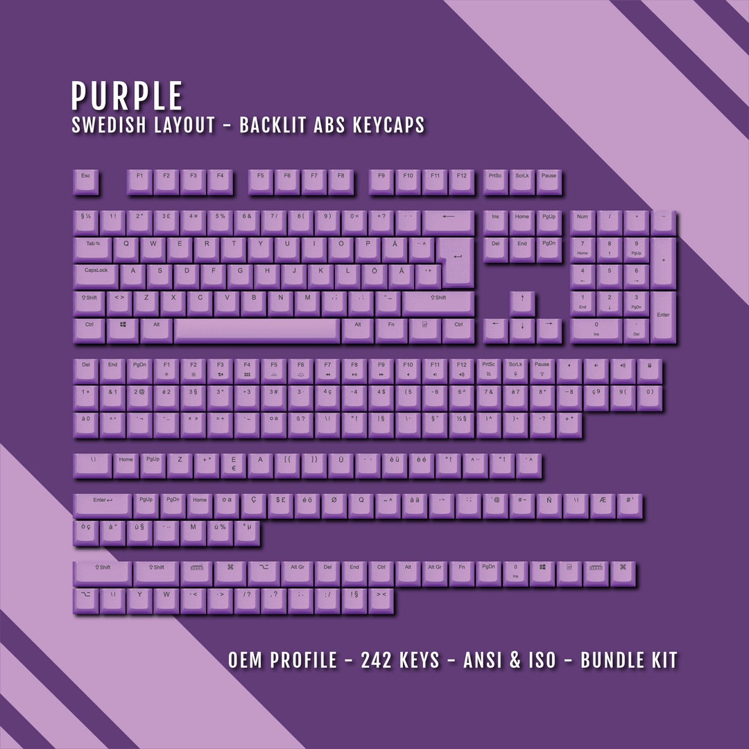 Purple Backlit Swedish Keycaps - ISO-SE QWERTY Layout - Windows & Mac ...