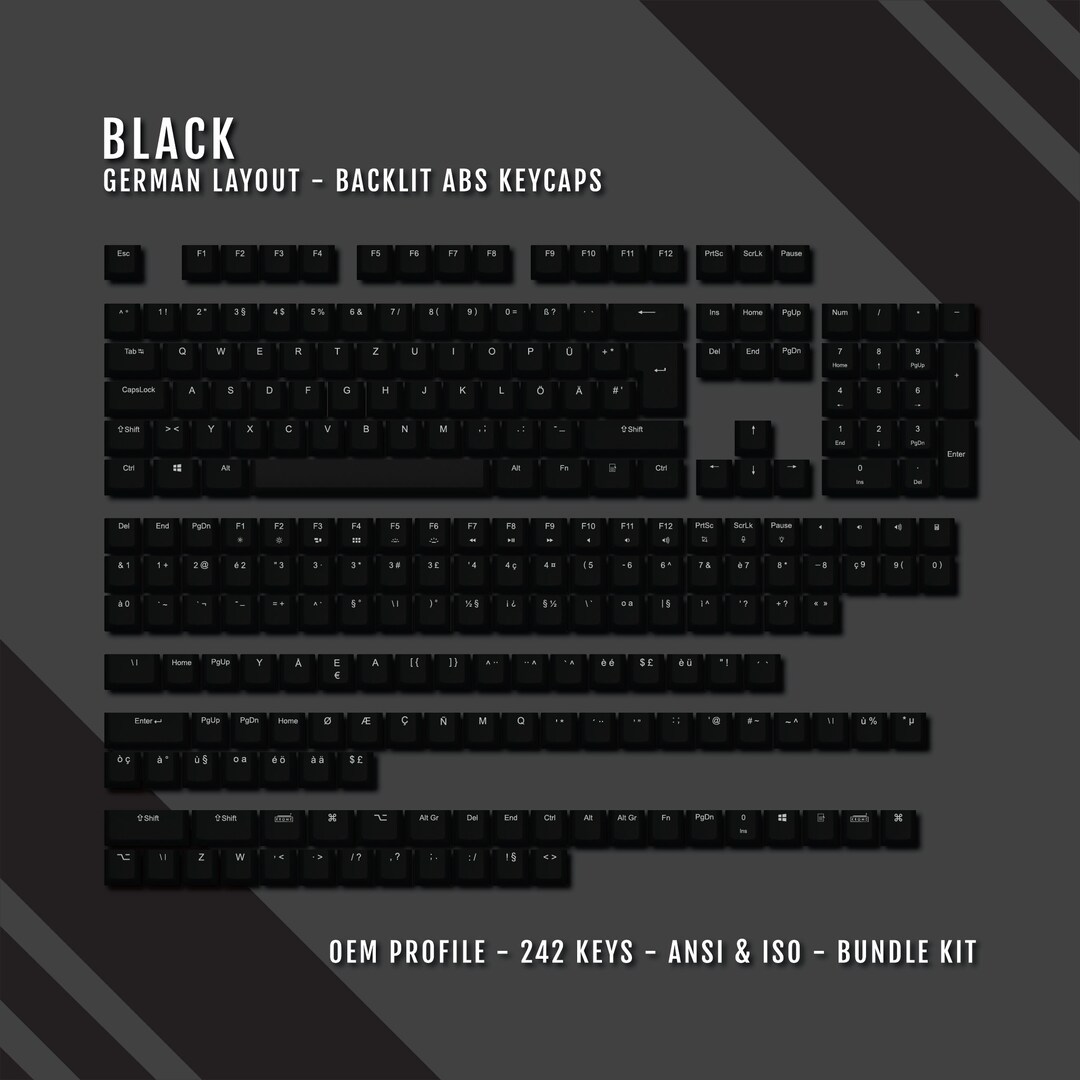 Black Backlit German Keycaps - ISO-DE QWERTZ Layout - Windows & Mac ...