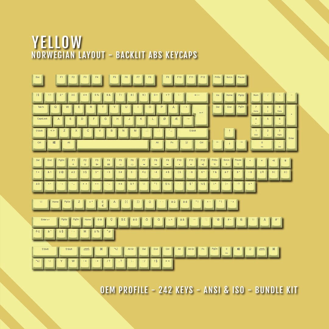 Yellow Backlit Norwegian Keycaps - ISO-NO QWERTY Layout - Windows & Mac ...