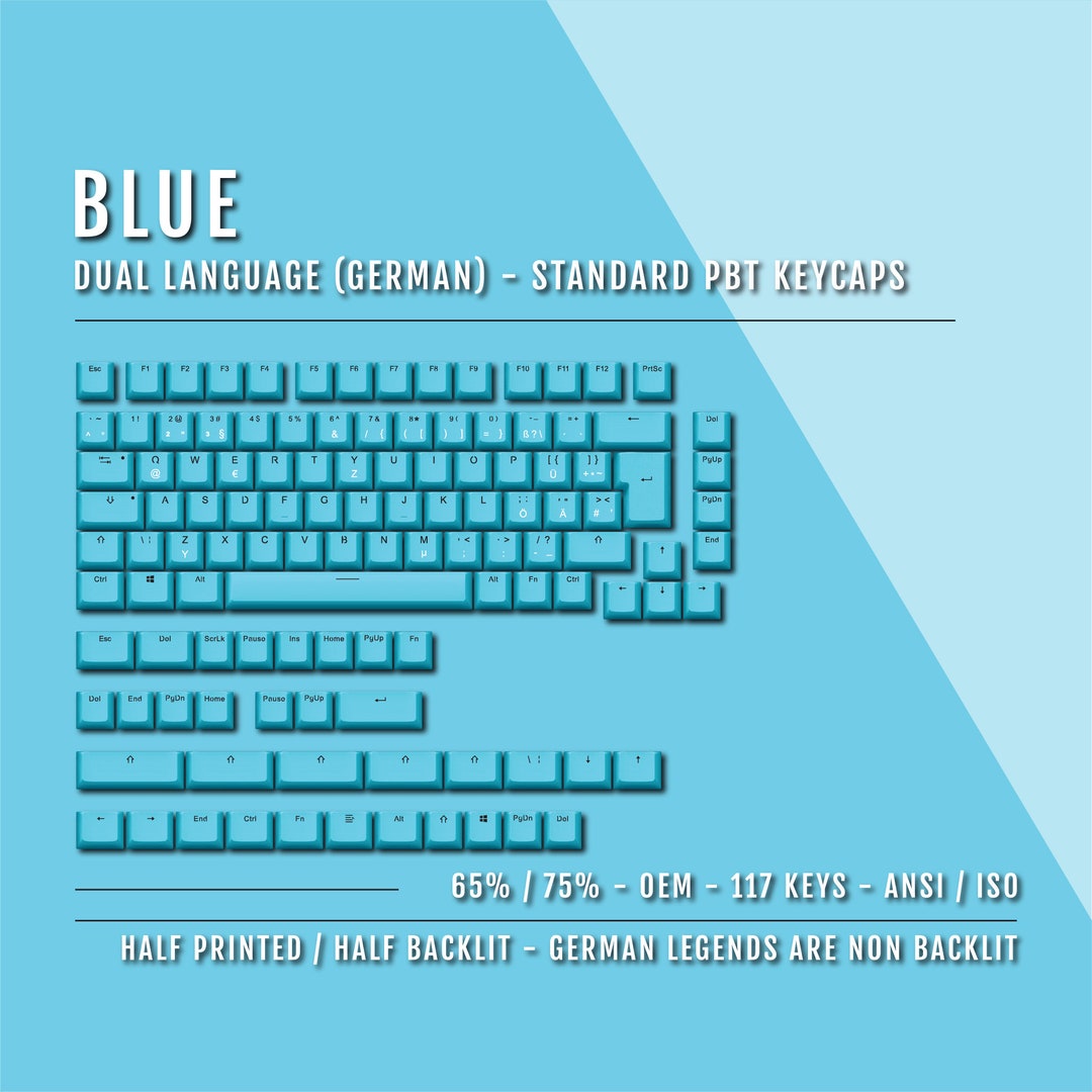Blue German Keycaps - ISO-DE - 65/75% Sizes - Dual Language Keycaps ...