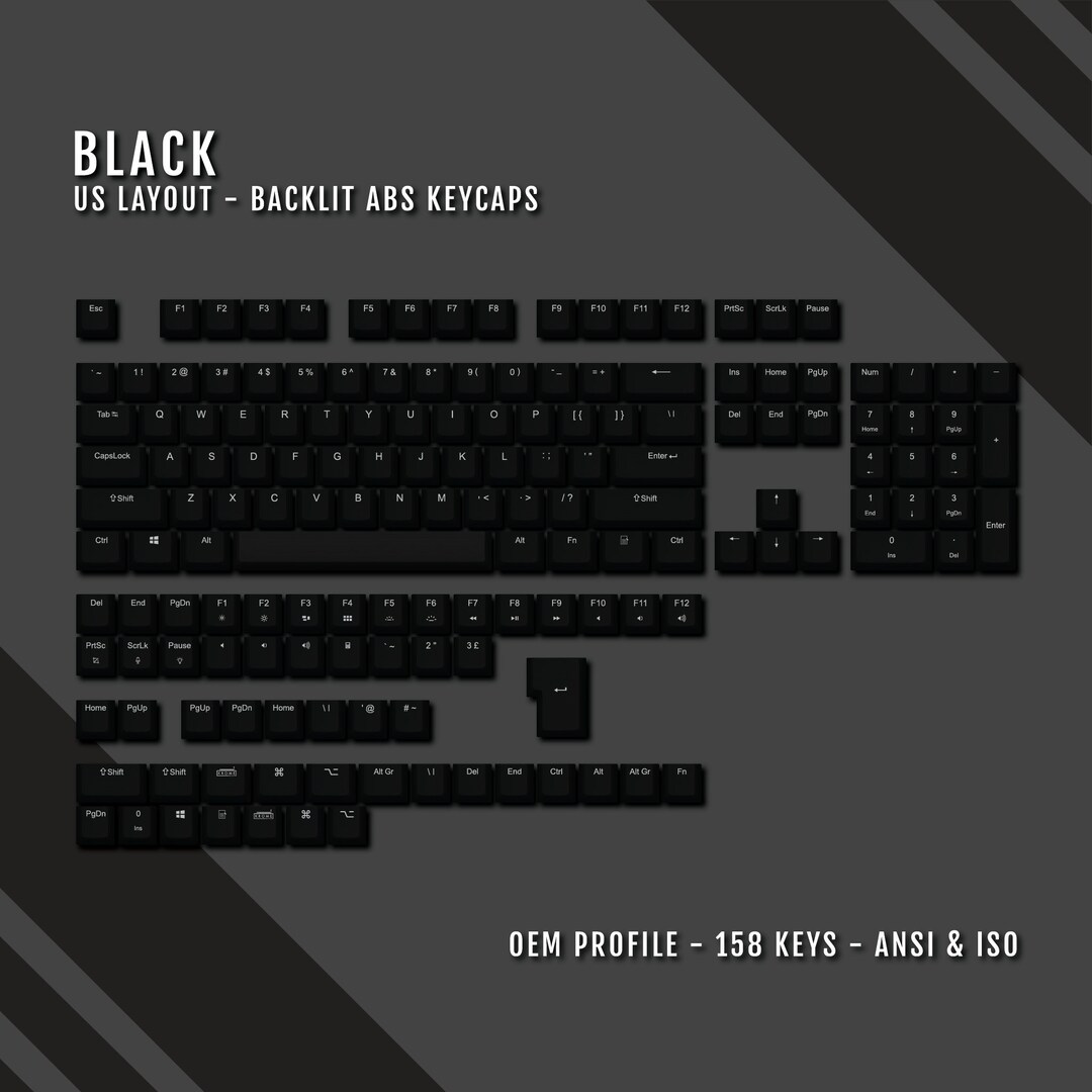 Black Backlit US Keycaps - Windows & Mac Symbols - ABS Material - 158 ...