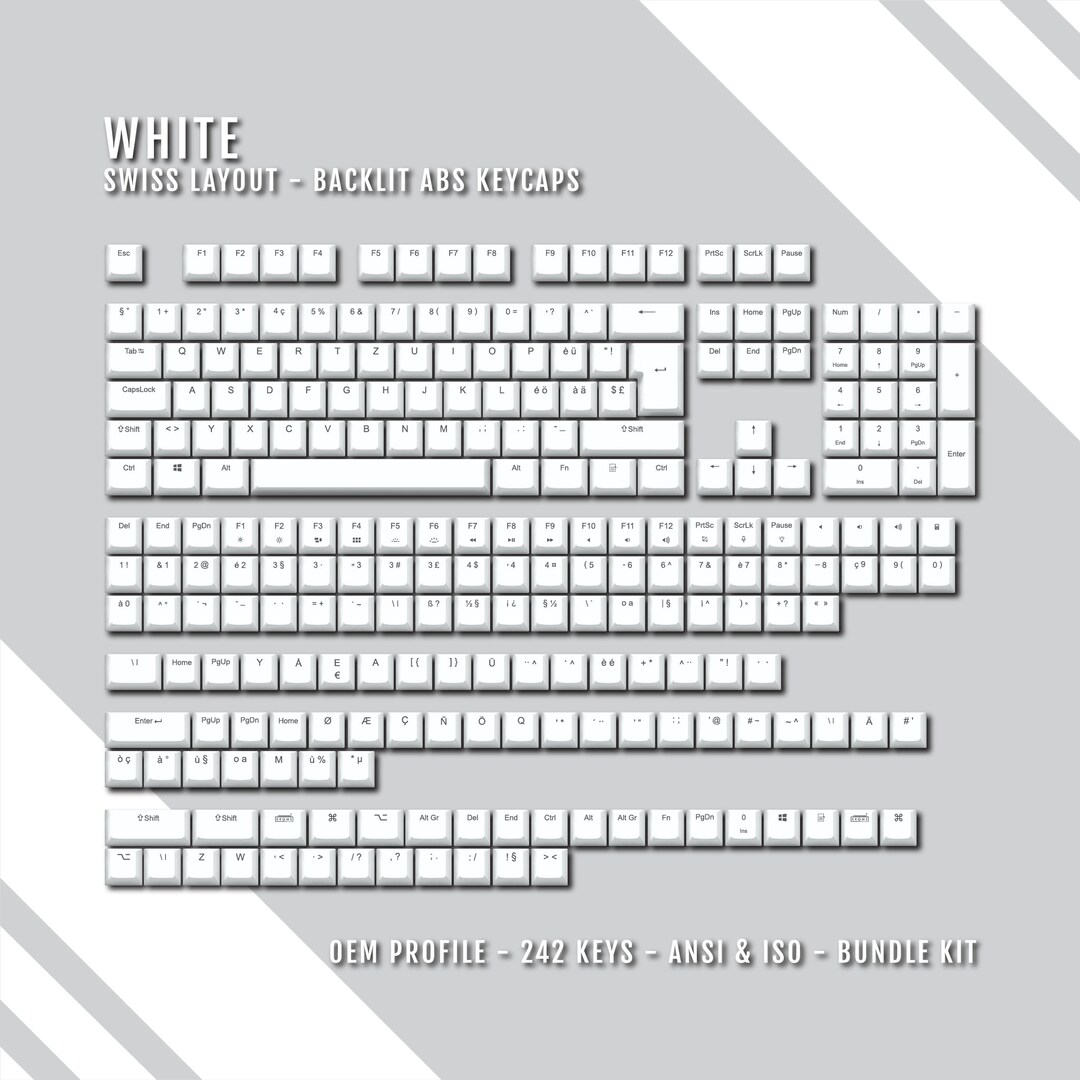 White Backlit Swiss Keycaps - ISO-CH QWERTZ Layout - Windows & Mac ...