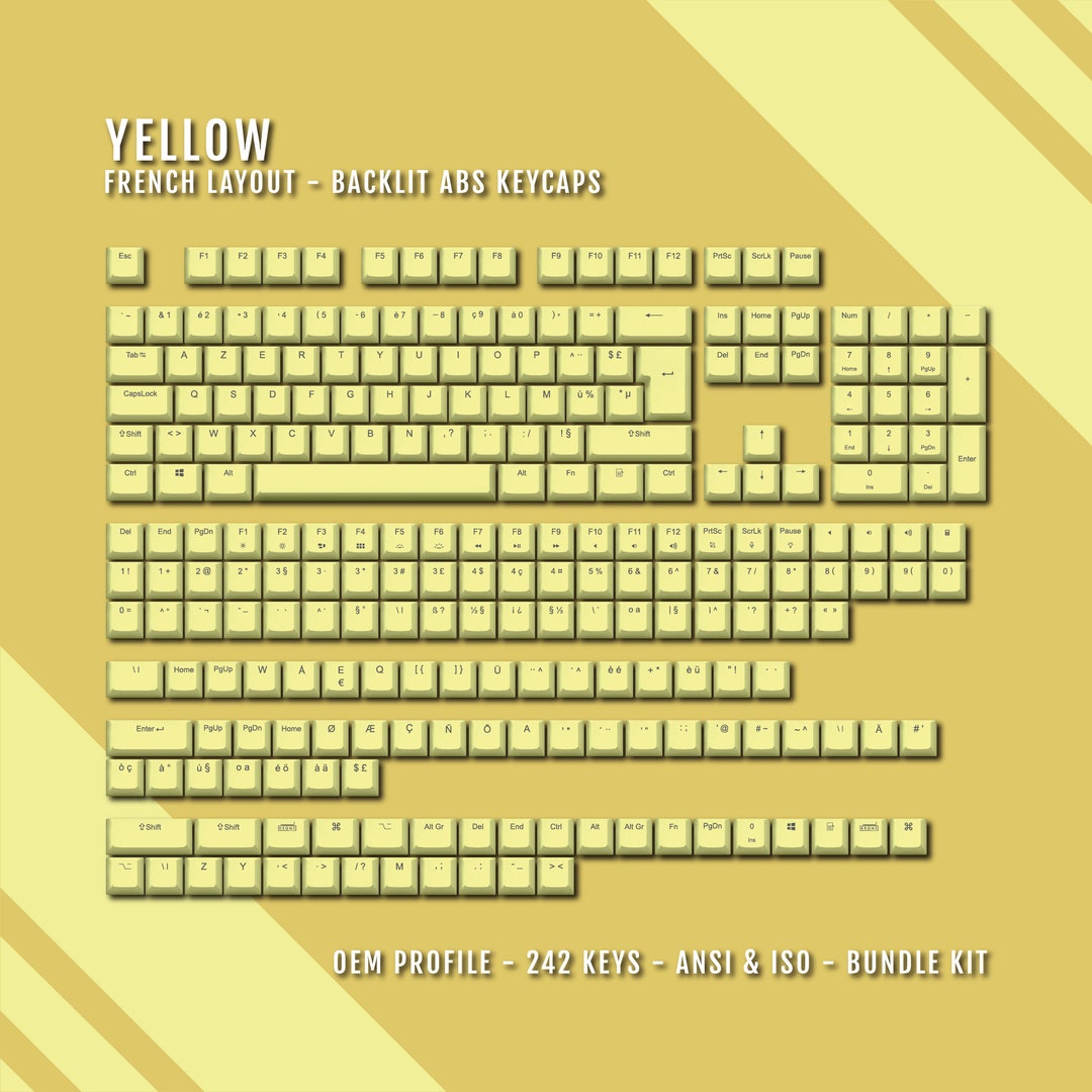 Yellow Backlit French Keycaps - ISO-FR AZERTY Layout - Windows & Mac ...