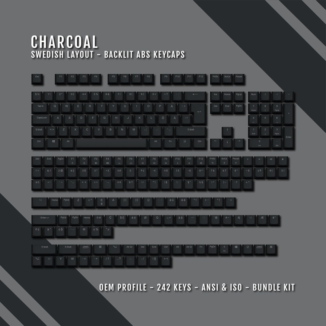 Charcoal Backlit Swedish Keycaps - ISO-SE QWERTY Layout - Windows & Mac ...