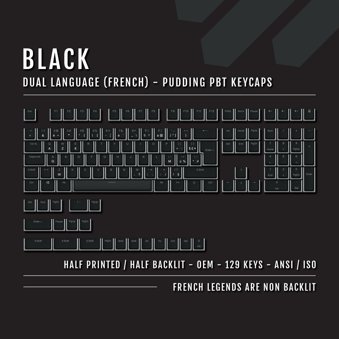 Black French Pudding Keycaps - ISO-FR - 129% Size - Dual Language ...