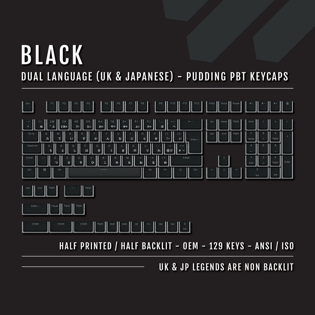UK Black Japanese (hiragana) Pudding Keycaps - 129% Size - Dual ...