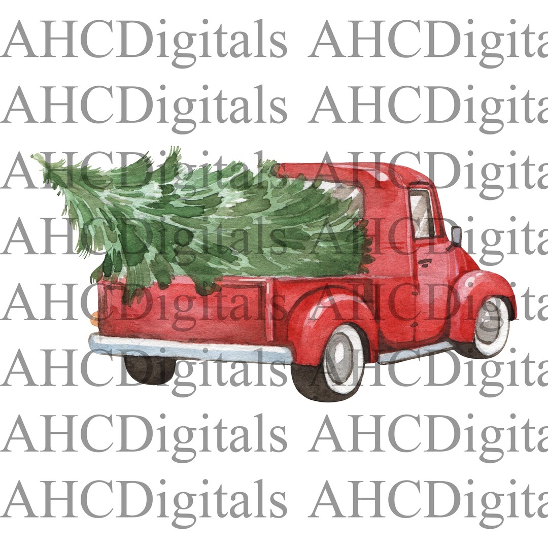 Red Truck With Tree Sublimation Image, Watercolor Antique Truck ...