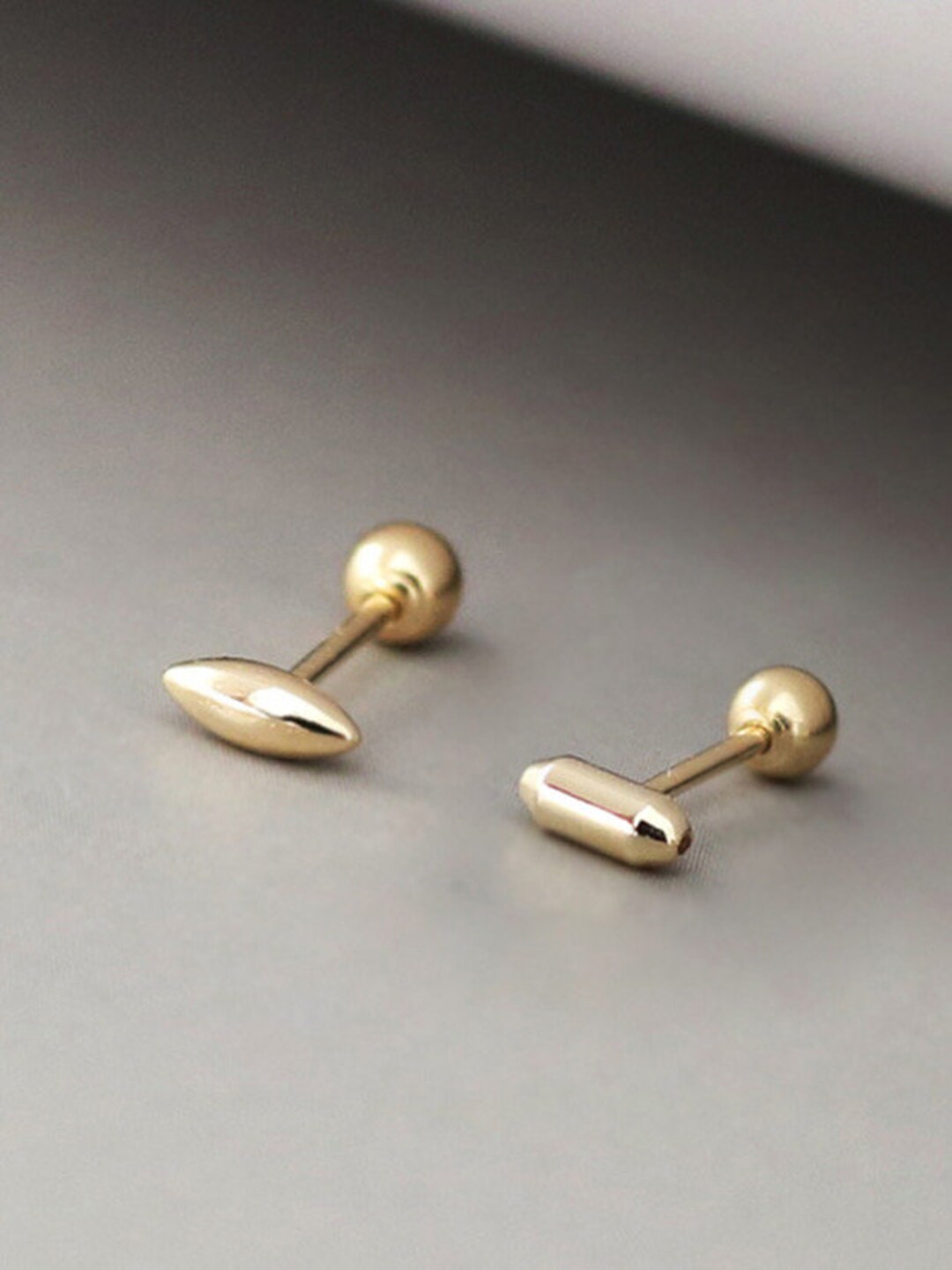 14K Solid Gold Stud Earrings, Minimalist Cylinder Stud Earrings With ...