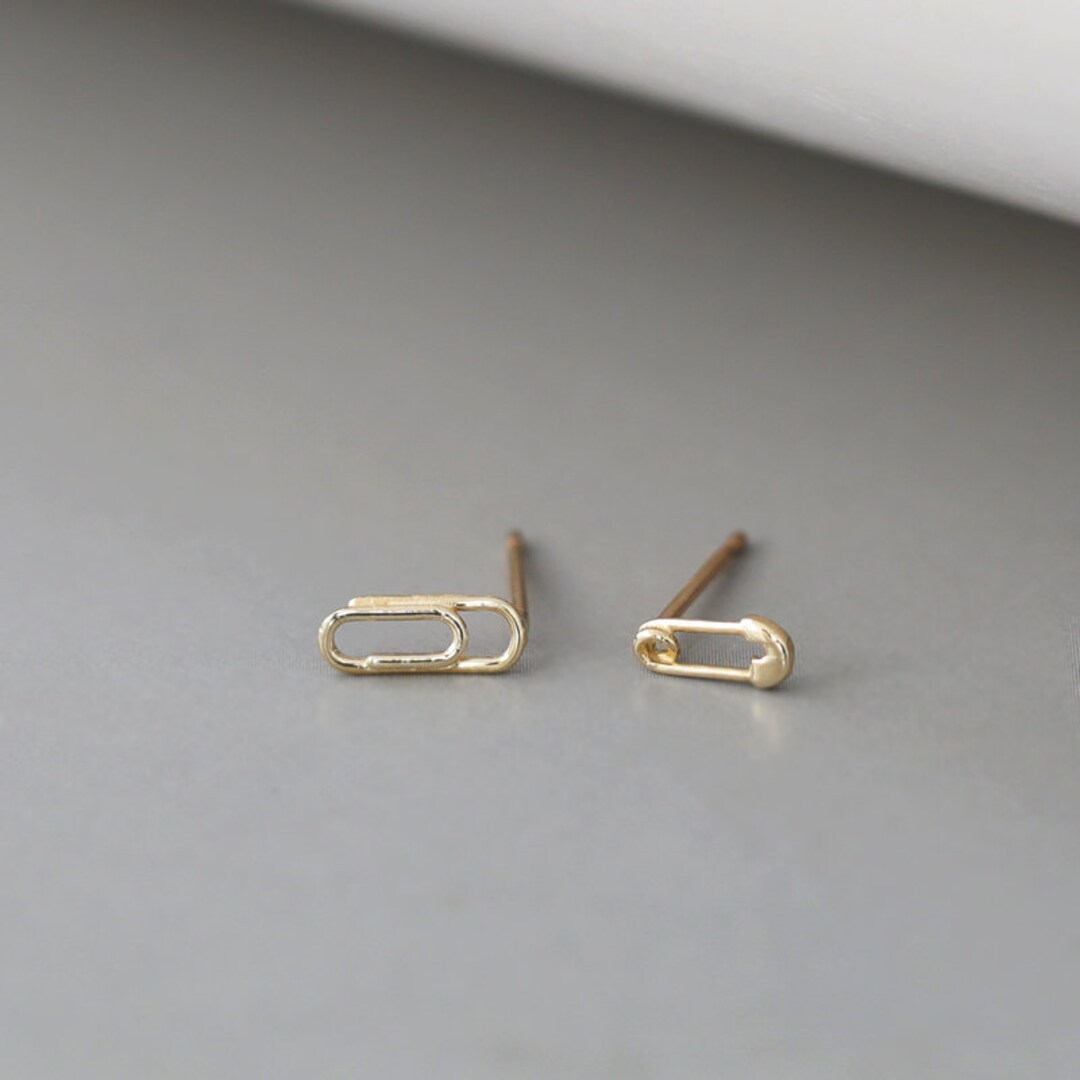 Chic Paperclip and Safety Pin Designed Stud Earrings, 10K Solid Gold ...