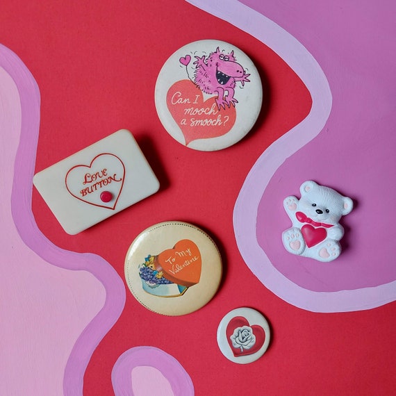 Vintage Valentines Day Pin Back Buttons Love Button Gem