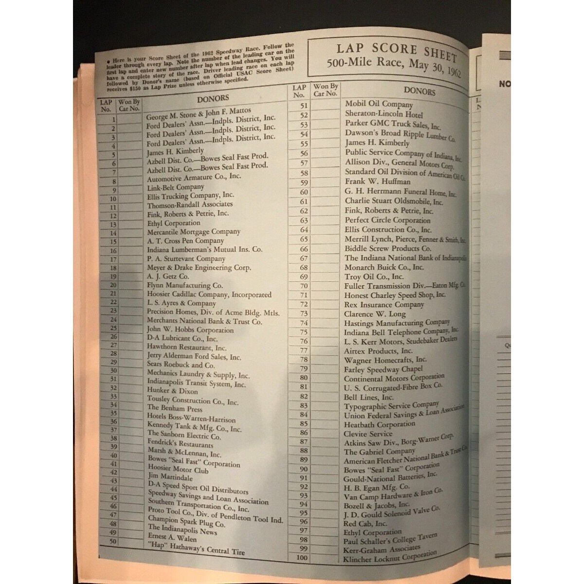 1962 46th Indianapolis 500 Official Program and Trifold Score Sheet ...
