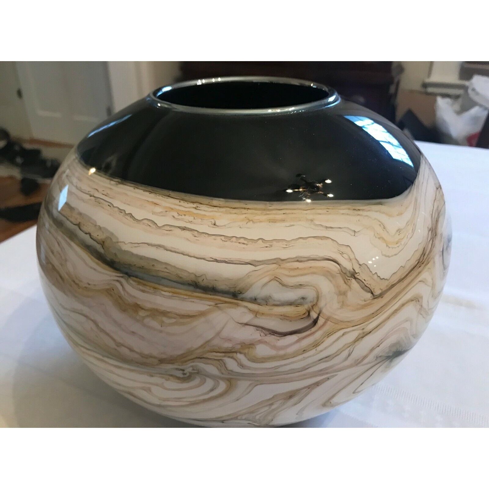 Gartner Blade Art Glass STRATA BLACK Ivory Brown Opal Bowl Cast Signed ...