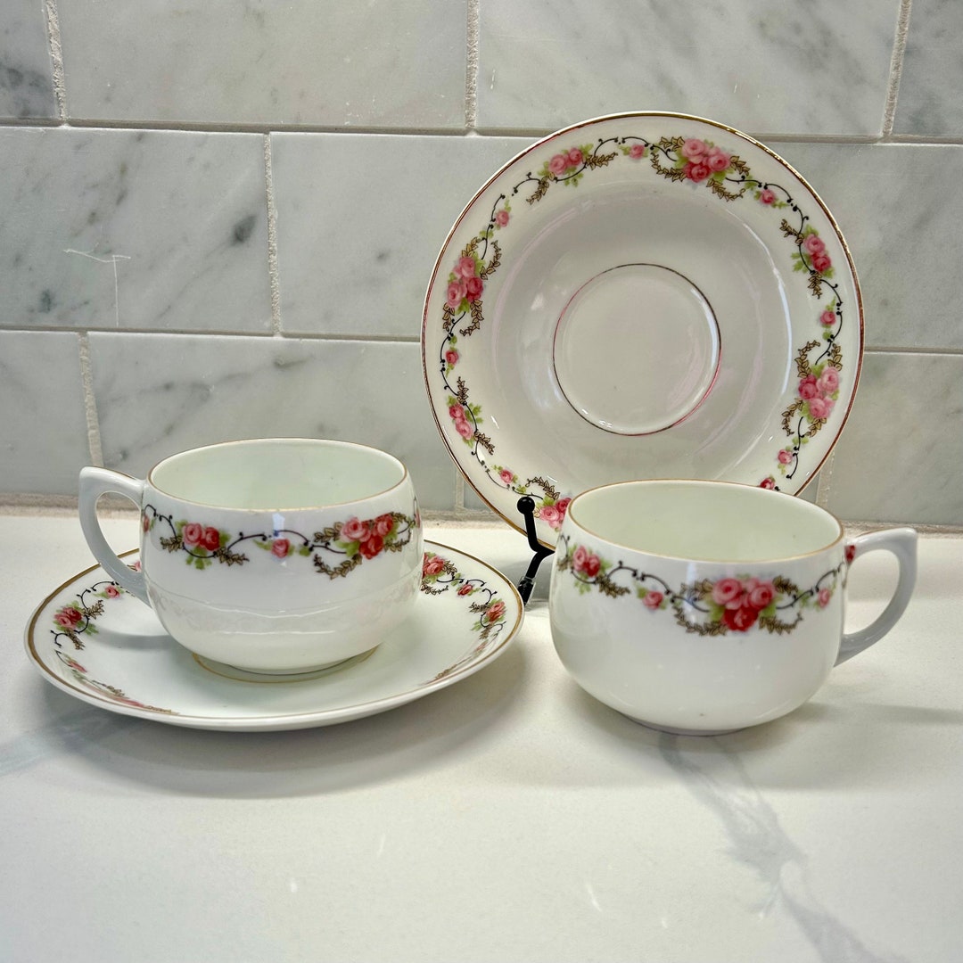 Vintage German Tea Cups and Saucers - Set of 2 - Fine China Pink Roses ...